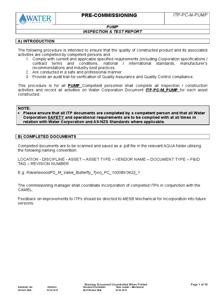 Pump Centrifugal Pre Commissioning ITP | PDF | Valve | Verification And ...