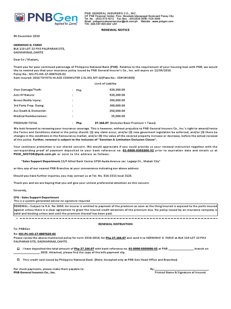 Renewal Notice Sample For PNB | PDF | Insurance | Liability Insurance