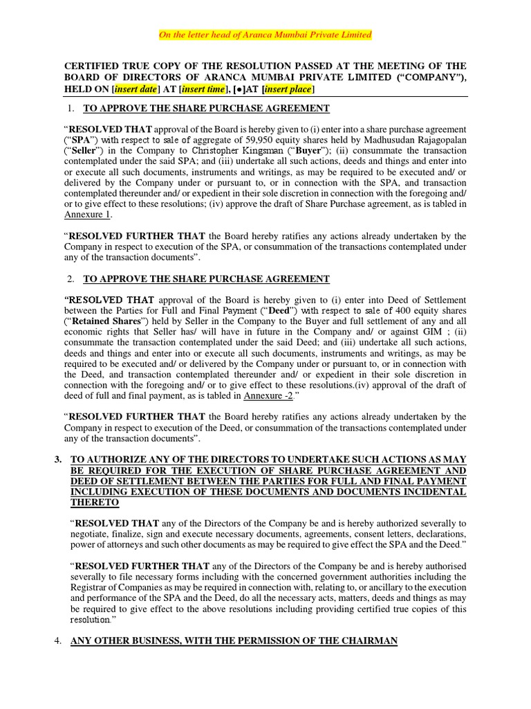 Board Resolution 1 - Approval of SPA | PDF | Board Of Directors | Deed