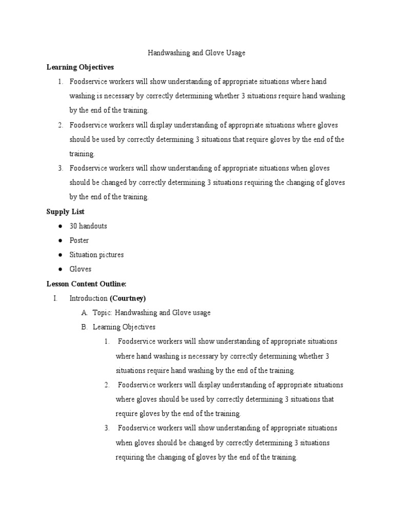 Handwashing and Glove Usage Lesson Plan | PDF | Hand Washing | Food And ...