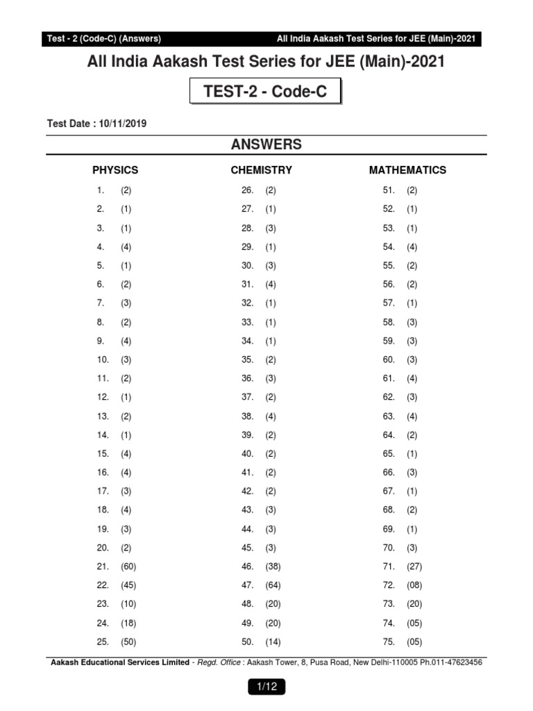 Answers Key for Test 2 of All India Aakash Test Series for JEE (Main ...