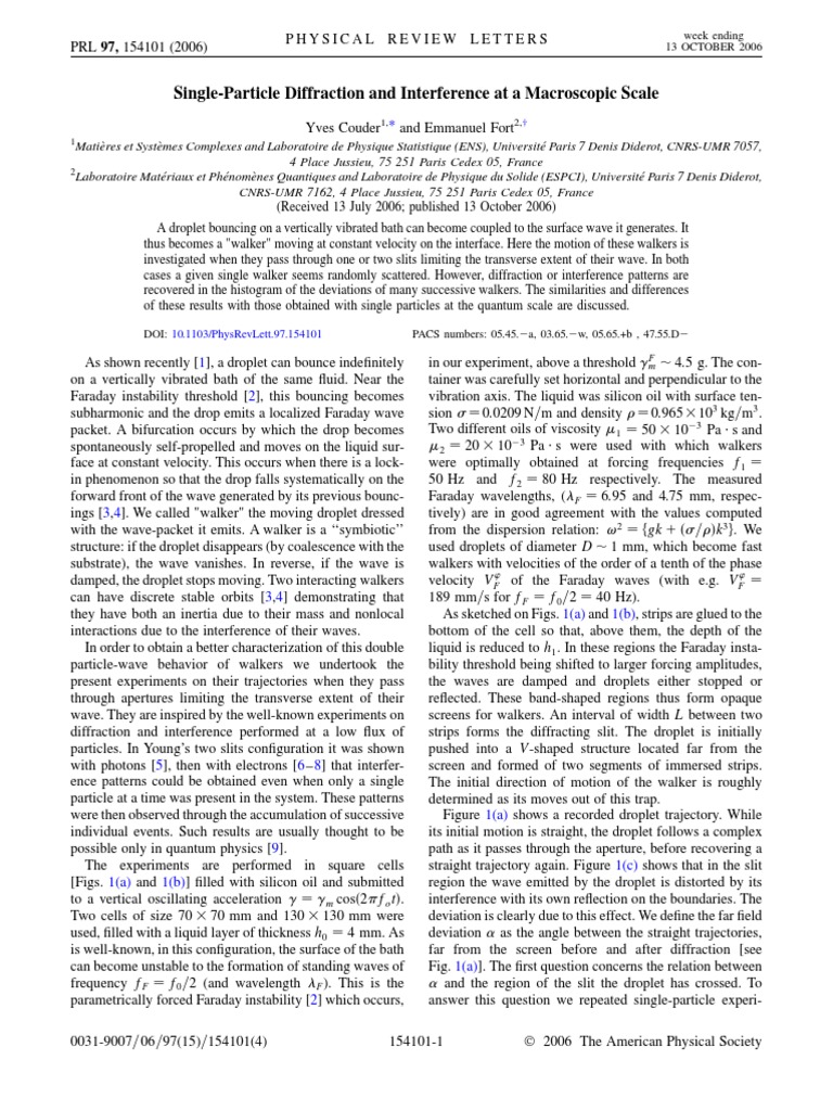 Single-Particle Diffraction and Interference at A Macroscopic Scale | PDF | Diffraction | Waves