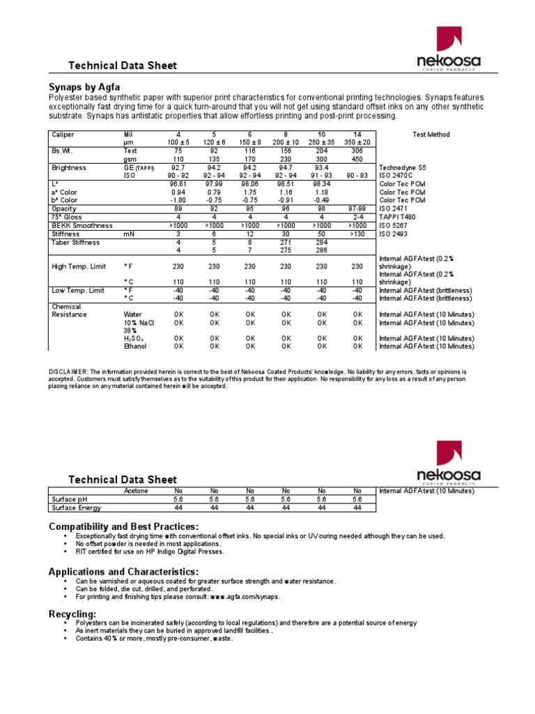 Technical Data Sheet: Synaps by Agfa | PDF | Materials | Industrial ...