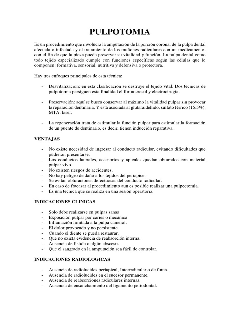 Protocolo y Medicamentos en Pulpotomía | PDF | Sangre | Especialidades Medicas