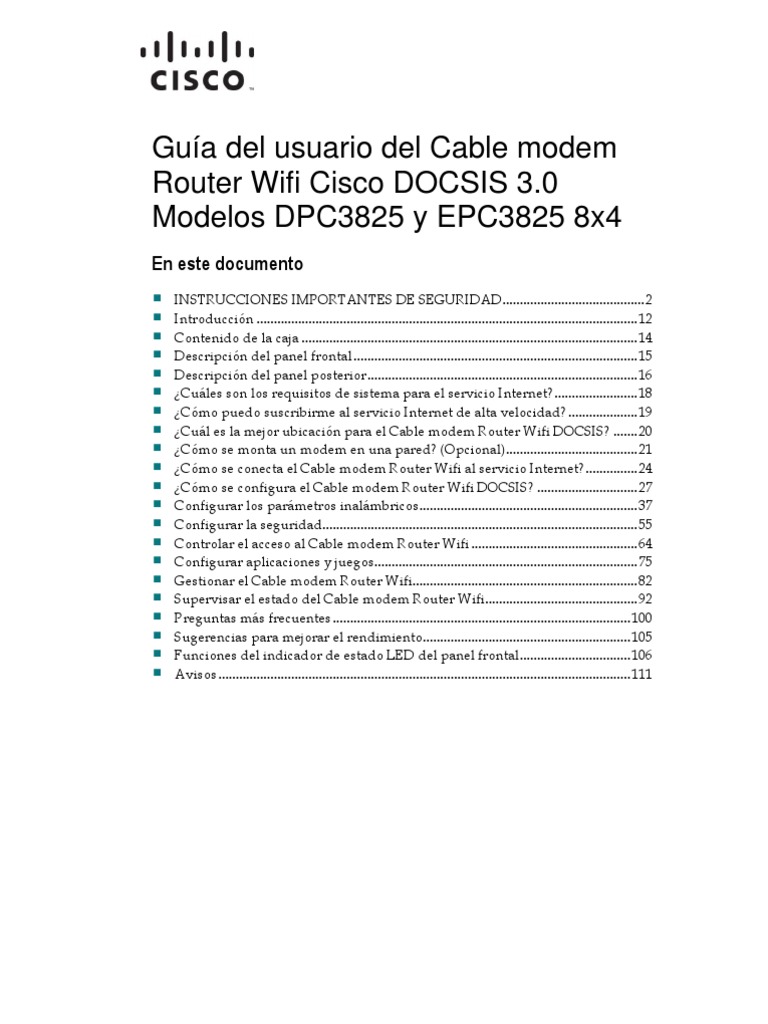 Router Wifi Cisco DOCSIS 3.0 Modelos DPC3825 y EPC3825 8x4 | PDF ...