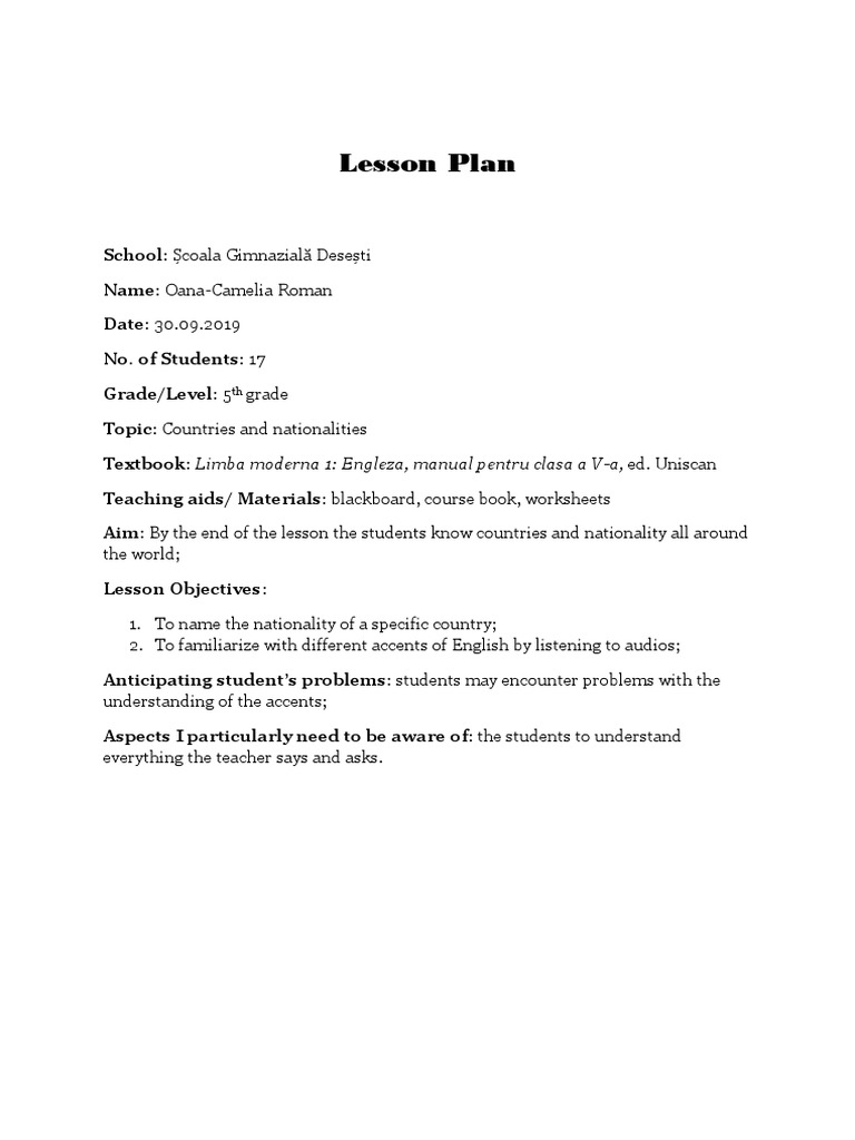 Lesson Plan - Nationalities and Countries | PDF
