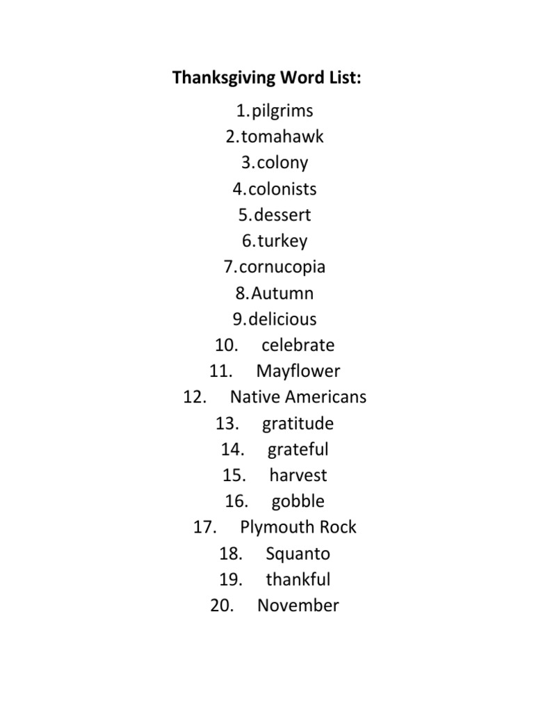 Thanksgiving Word List | PDF