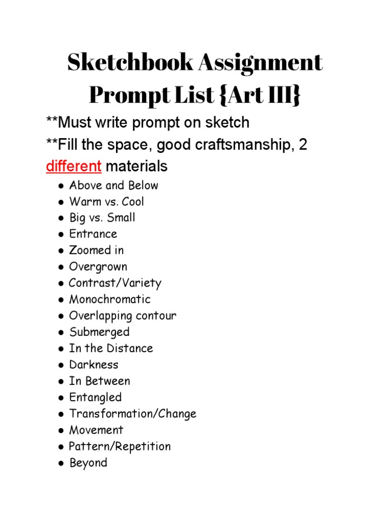 Sketchbook Assignment Prompt List | PDF