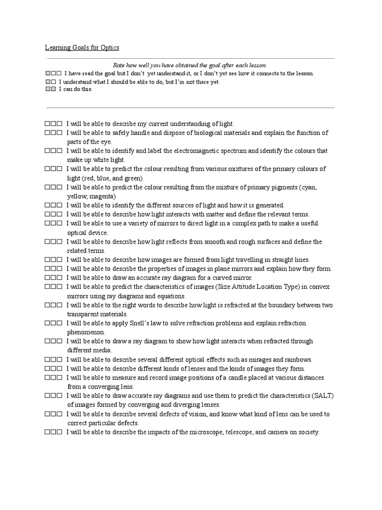 Unit 4 - Learning Goals | PDF | Refraction | Optics Unit 4 - Learning Goals | PDF | Refraction | Optics