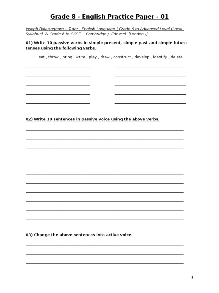Grade 8 English Practice Paper 01 | PDF | Verb | English Language