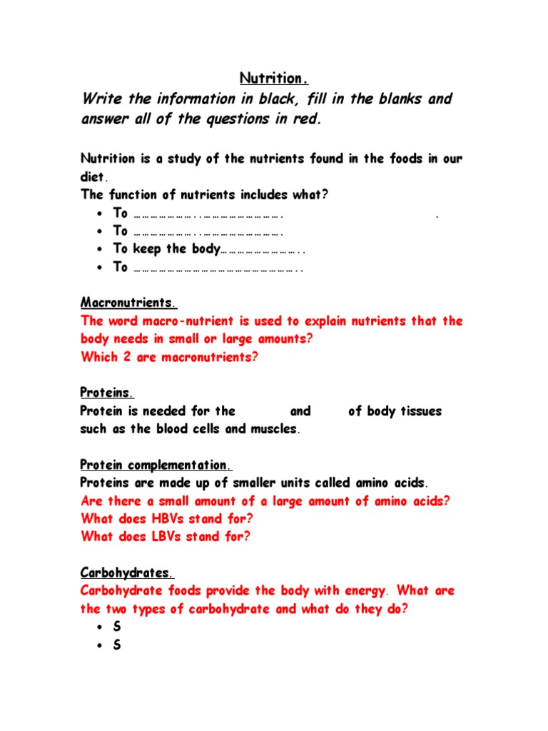 Nutrition. Write The Information in Black, Fill in The Blanks and ...