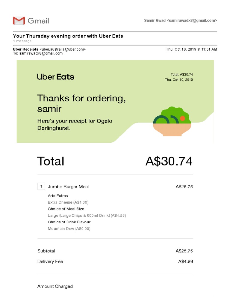 Order receipt from Uber Eats for Ogalo Darlinghurst | PDF