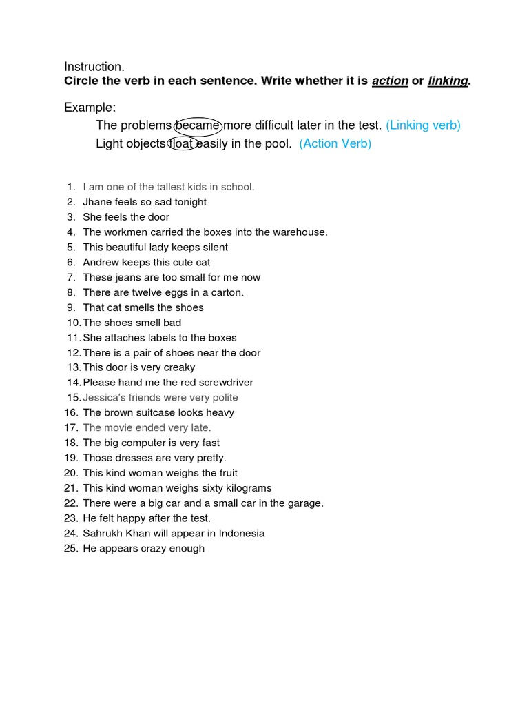 Linking and Action Verbs Exercise | PDF | Language Arts & Discipline
