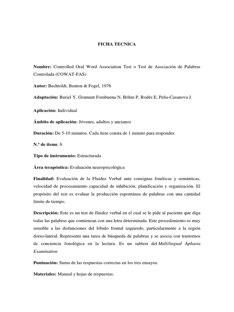 Test COWAT-FAS: Evaluación Neuropsicológica | PDF | Fonema | Palabra