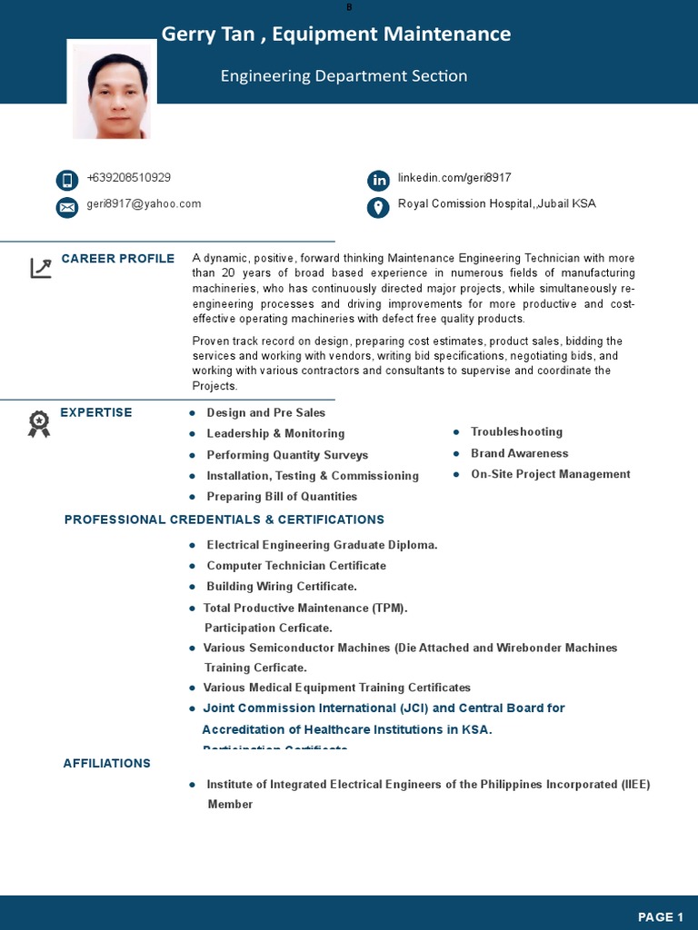 Gerry Tan Maintenance Technician - CV | PDF | Medical Device | Biomedical Engineering