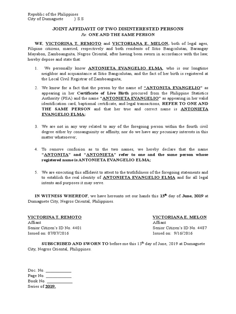 Joint Affidavit of Two Disinterested Persons: Re: One and The Same ...