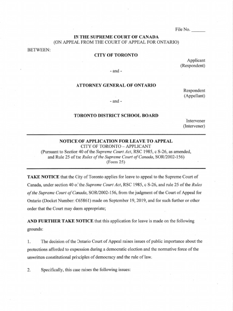 City of Toronto application seeking leave to appeal at the Supreme ...