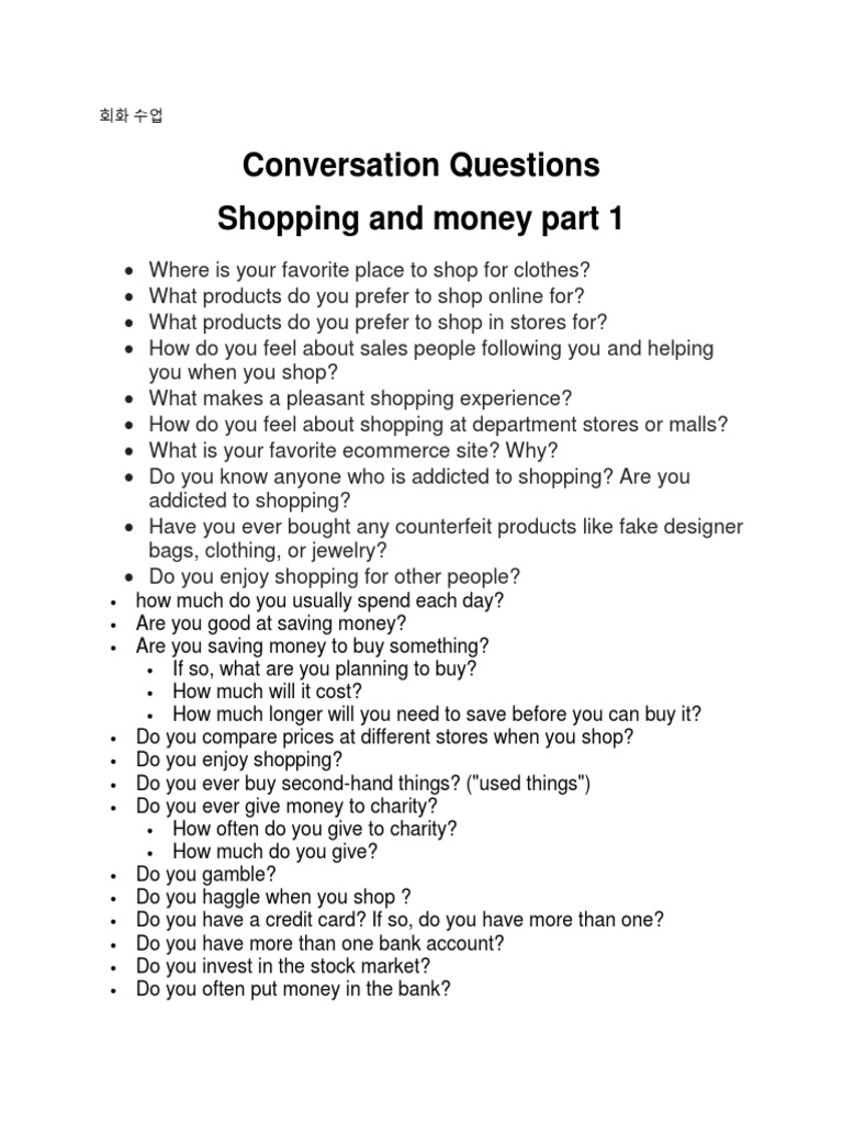 Conversation Questions Shopping and Money Part 1 | PDF | Money | Retail