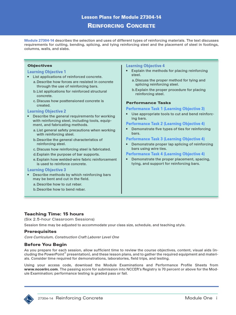 Lesson Plans For Module 27304-14 Einforcing Oncrete: Learning Objective ...