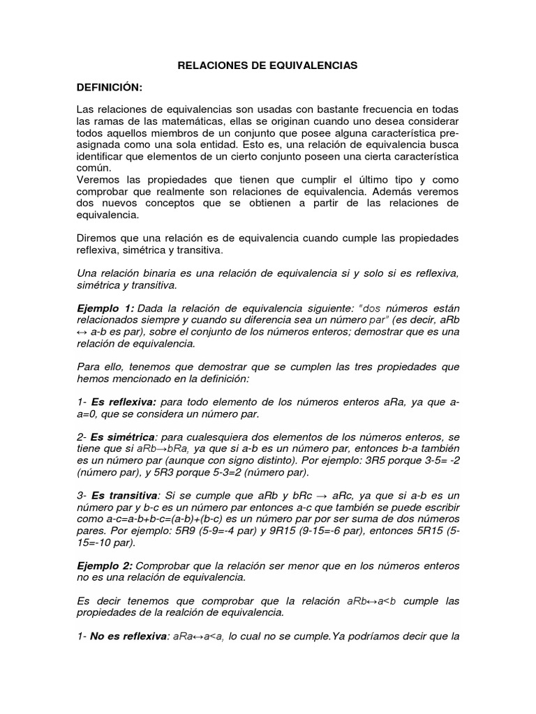 Relaciones de equivalencia: propiedades, clases y conjunto cociente ...