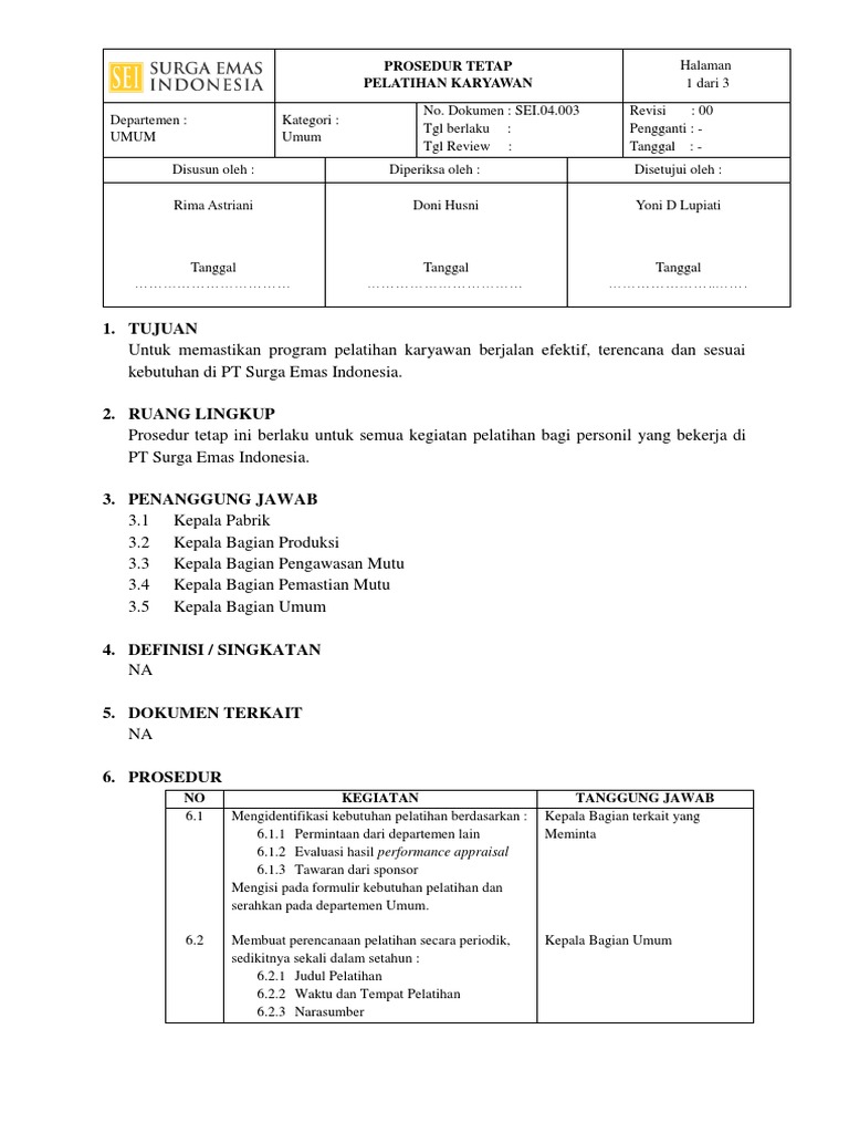 SEI.04.003 PROTAP Pelatihan Karyawan | PDF