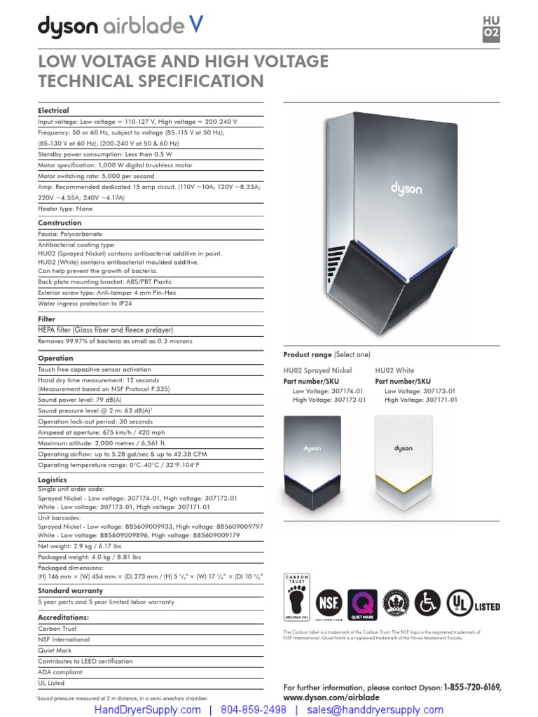 Dyson Airblade V Hu02 Spec | PDF | Physical Quantities | Electrical ...