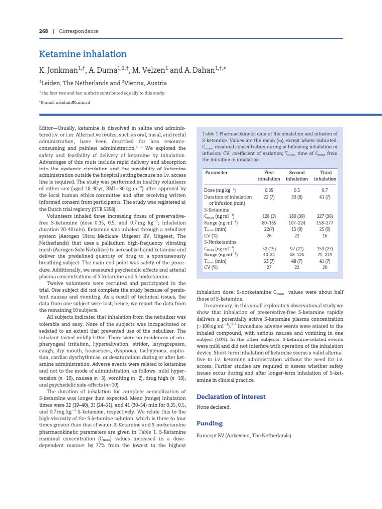 Ketamine Inhalation: K. Jonkman, A. Duma, M. Velzen and A. Dahan | Download Free PDF ...