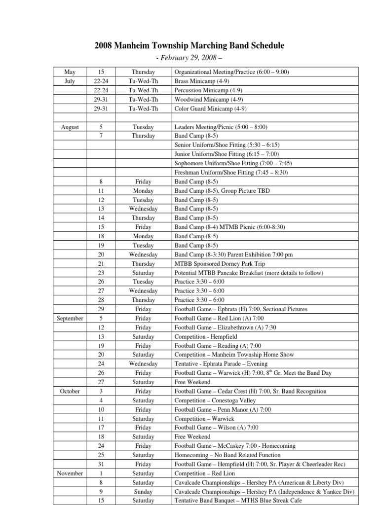 2008 Manheim Township Marching Band Schedule: February 29, 2008 | PDF ...