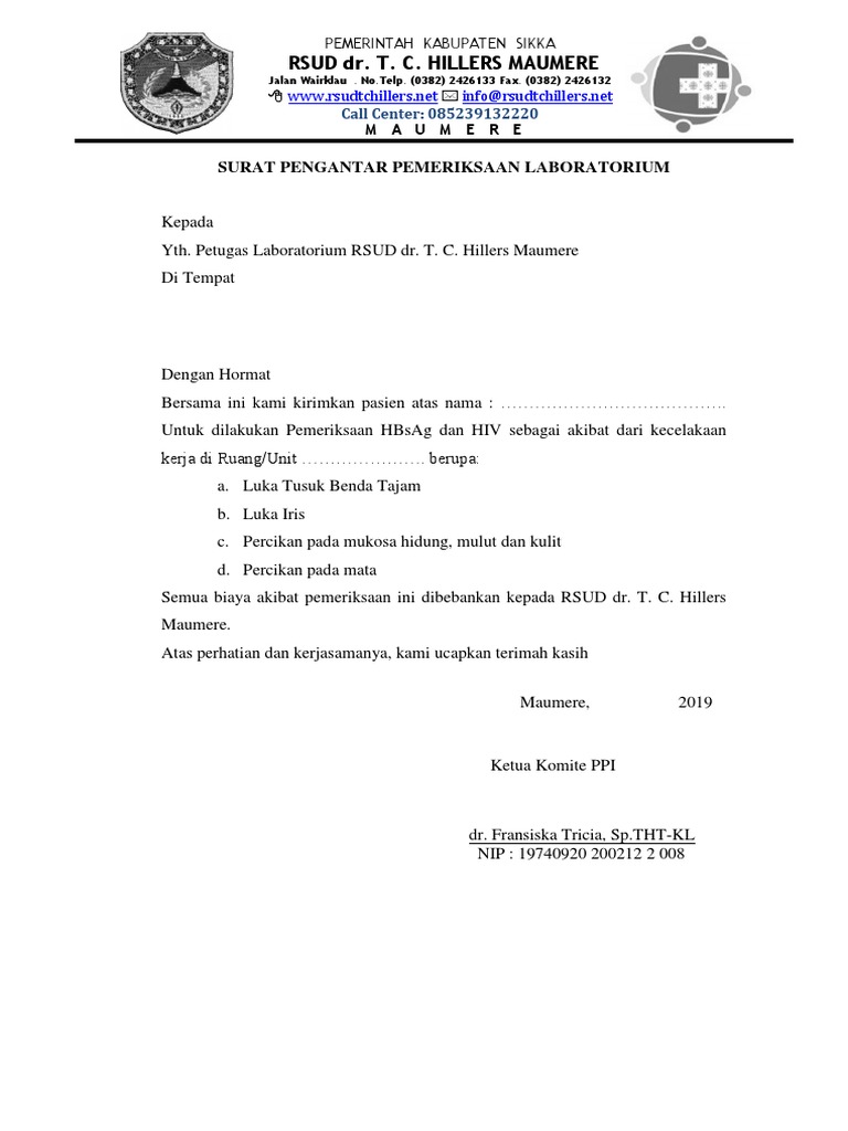 Rsud Dr. T. C. Hillers Maumere: Surat Pengantar Pemeriksaan Laboratorium