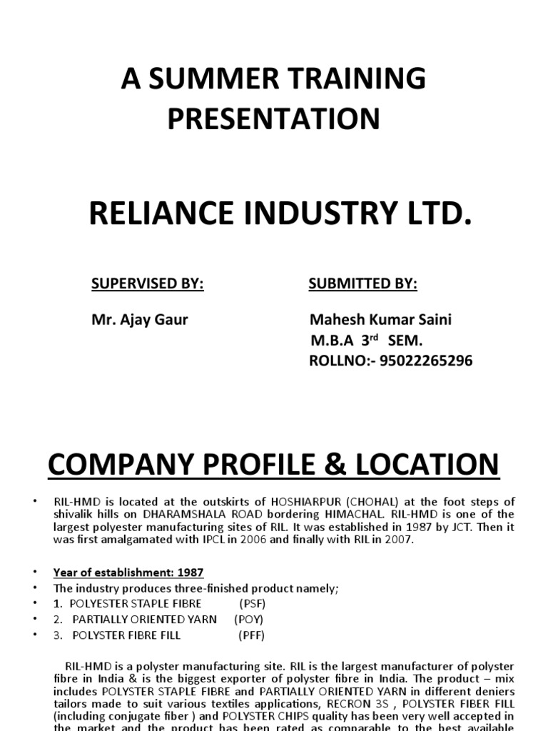 Reliance Industries Training Presentation | PDF | Loans | Overdraft