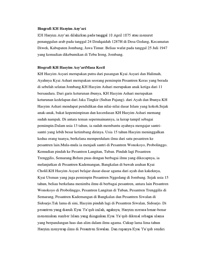 Biografi KH Hasyim Asy'Ari | PDF