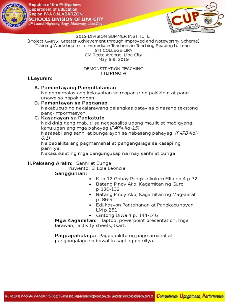 I.Layunin: A. Pamantayang Pangnilalaman: Filipino 4