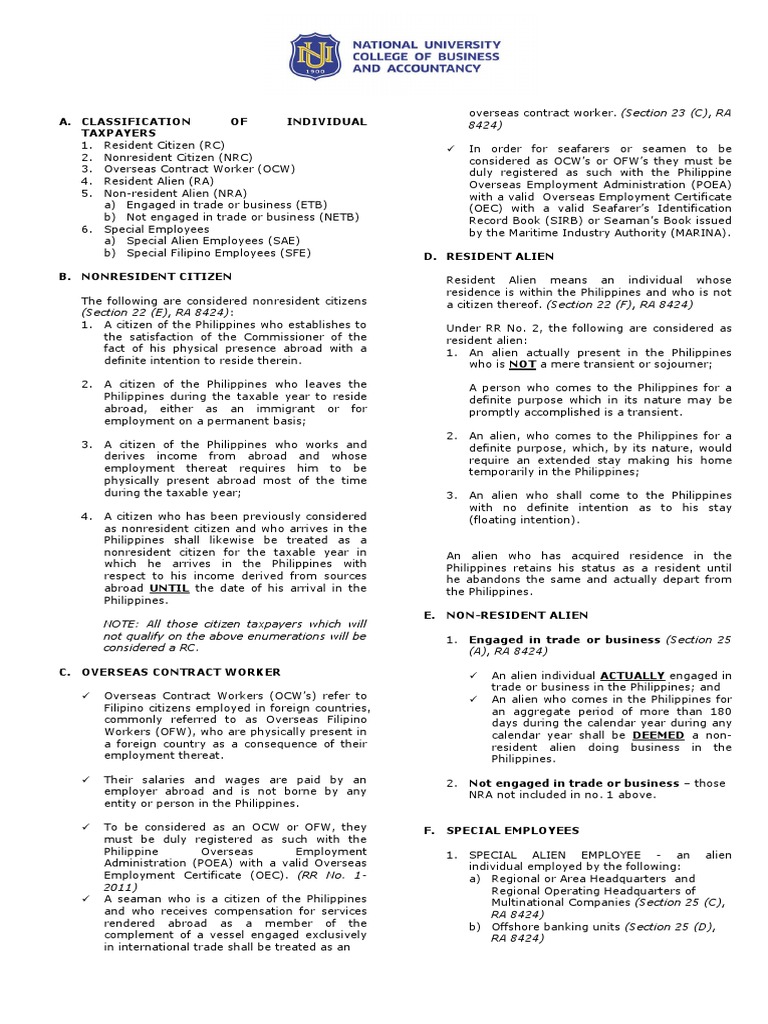 A. Classification OF Individual Taxpayers | PDF | Income Tax | Employee ...