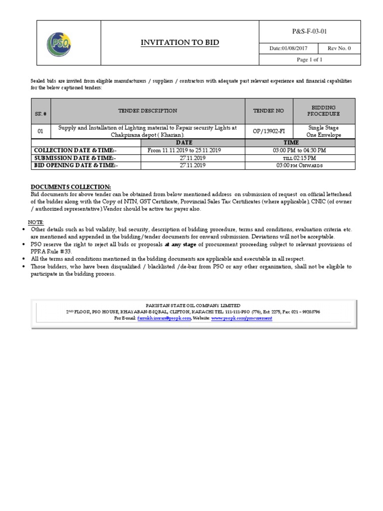 Invitation To Bid: Date Time Collection Date & Time:-Submission Date ...