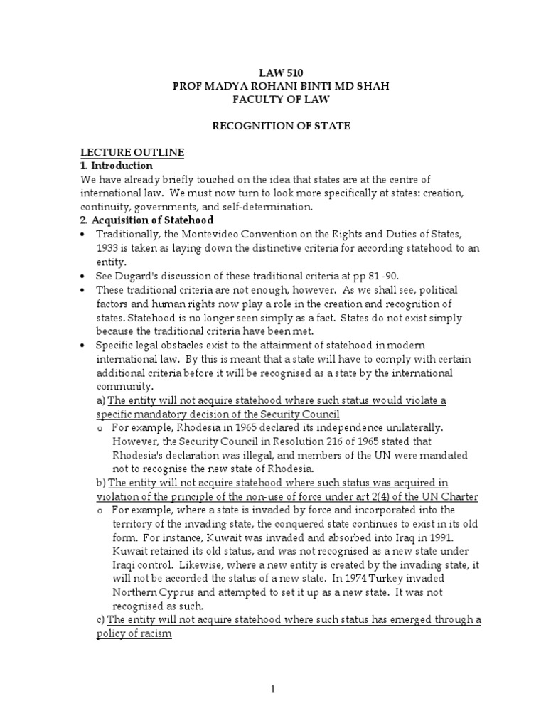 Lecture 13 - Recognition of State | PDF | Sovereign State | Diplomacy