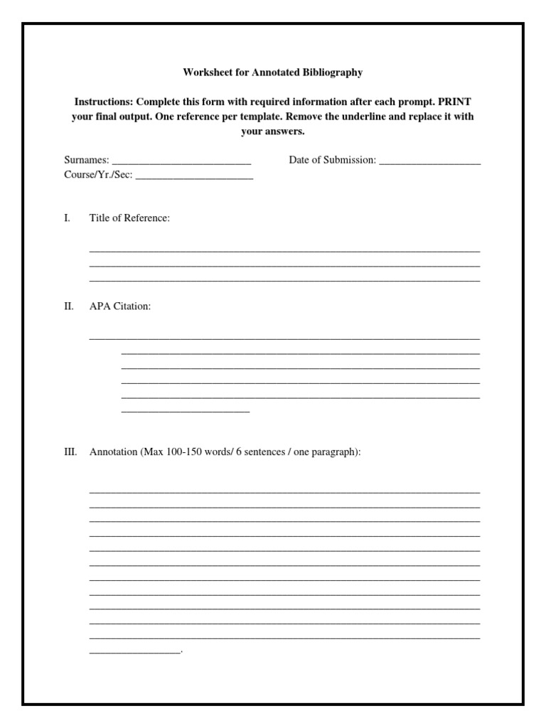 Worksheet For Annotated Bibliography | PDF | Business | Finance & Money ...