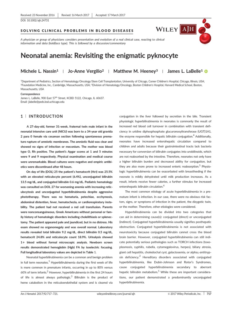 Neonatal Anemia: Revisiting The Enigmatic Pyknocyte | PDF | Anemia ...
