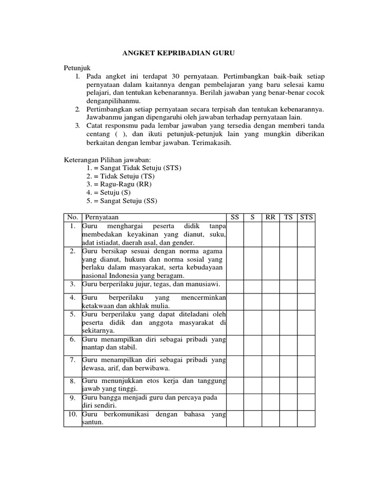 Angket Kepribadian Guru | PDF | Gaya Hidup