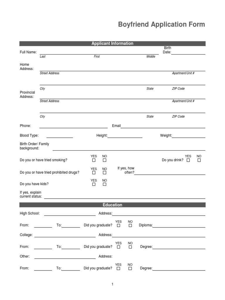 Boyfriend Application Form: Applicant Information | PDF
