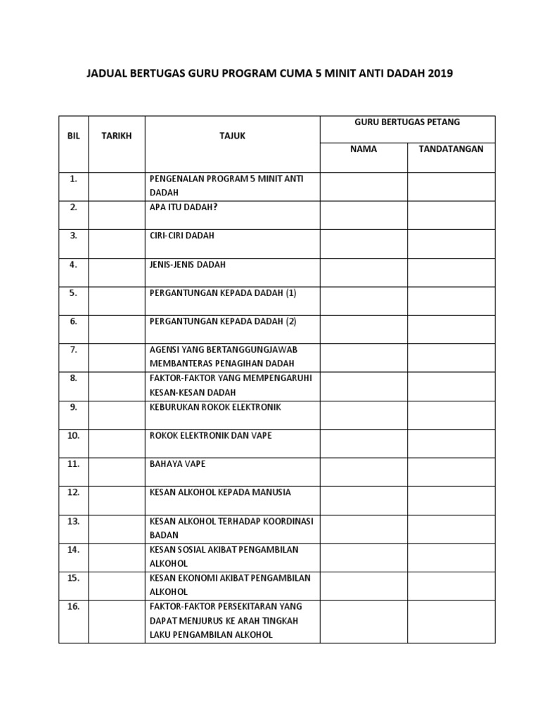 Jadual Bertugas Guru Program Cuma 5 Minit Anti Dadah 2017 | PDF