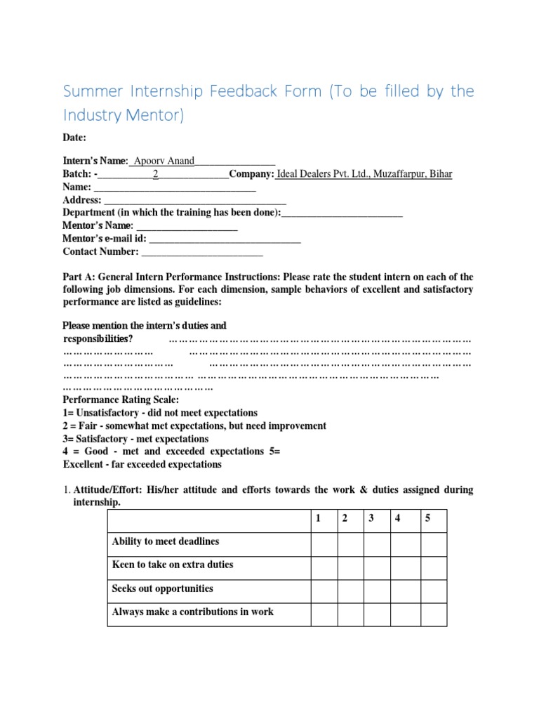 Internship Feedback Form Template | PDF | Learning | Behavioural Sciences