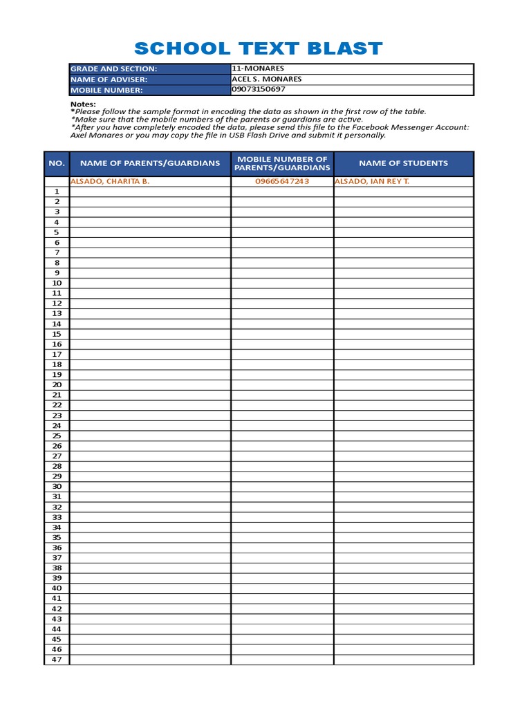 School Text Blast: NO. Name of Parents/Guardians Name of Students ...