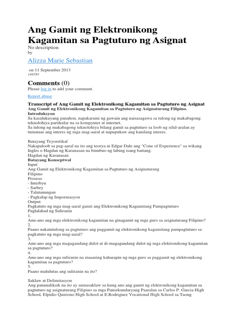 Ang Gamit NG Elektronikong Kagamitan Sa Pagtuturo Sa Filipino | PDF