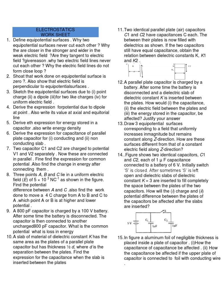 Electrostatics Worksheet Overview | PDF | Capacitor | Electric Field