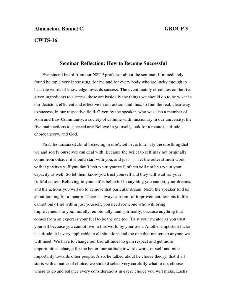 How to Become Successful Seminar Reflection | PDF | Mentorship | Self