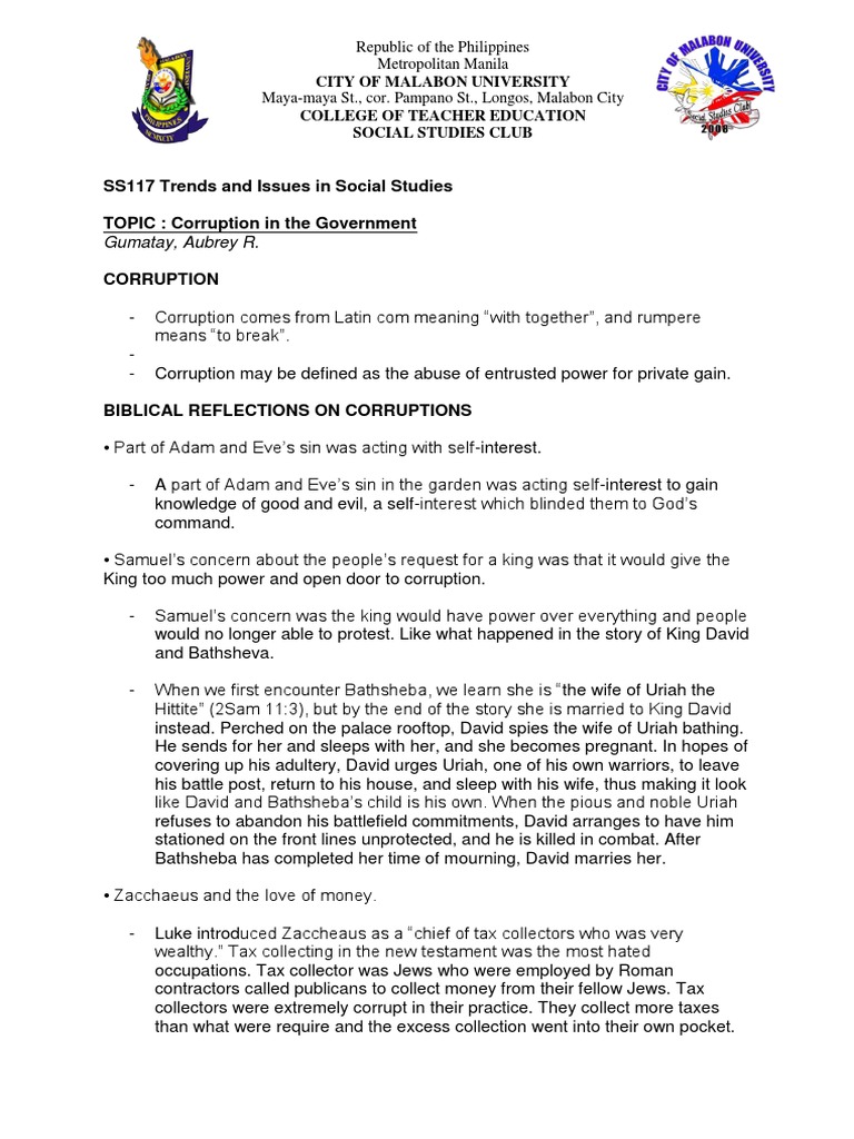 SS117 Trends and Issues in Social Studies TOPIC: Corruption in The ...