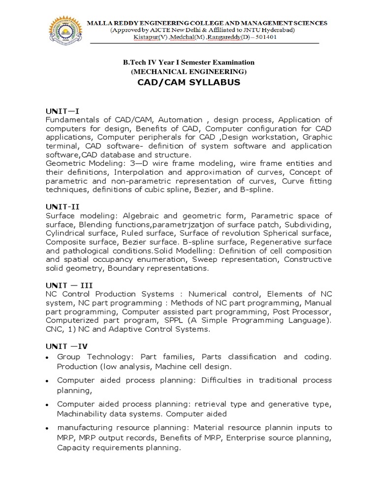 Cad/Cam Syllabus: B.Tech IV Year I Semester Examination (Mechanical ...