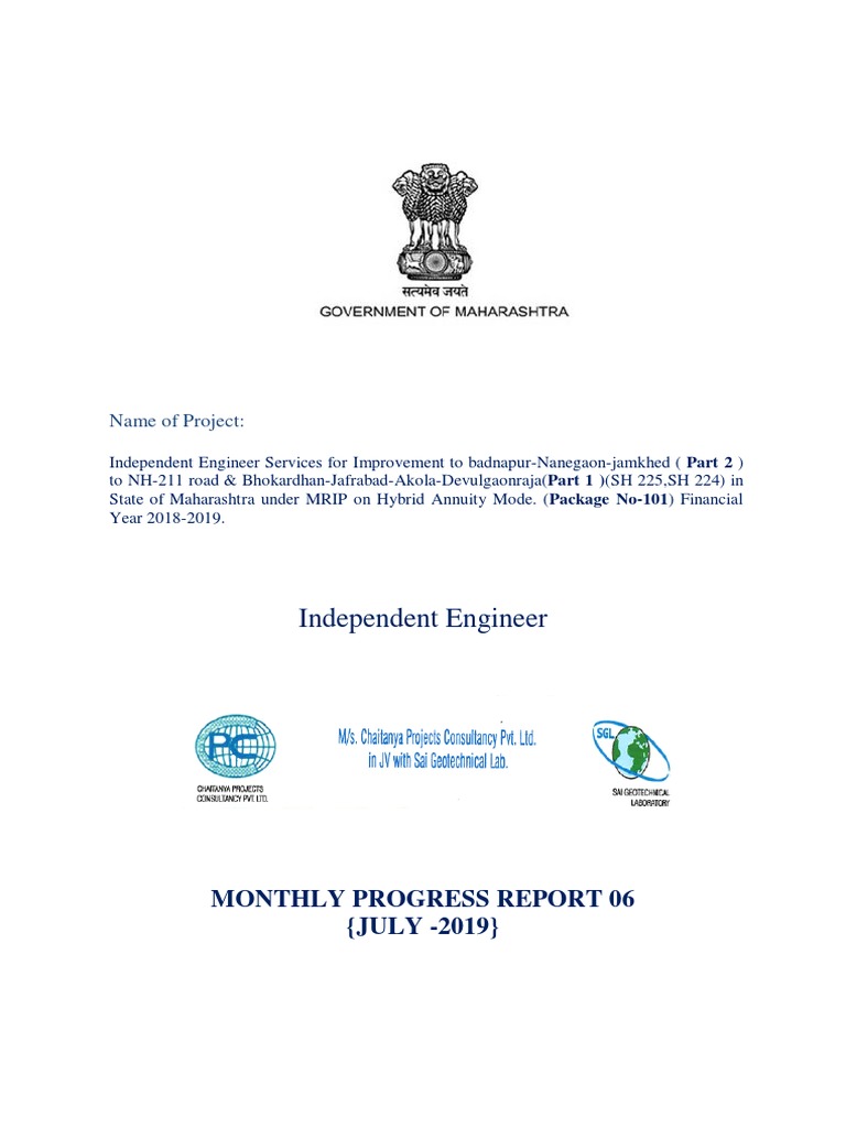 Independent Engineer: Monthly Progress Report 06 (JULY - 2019) | PDF ...