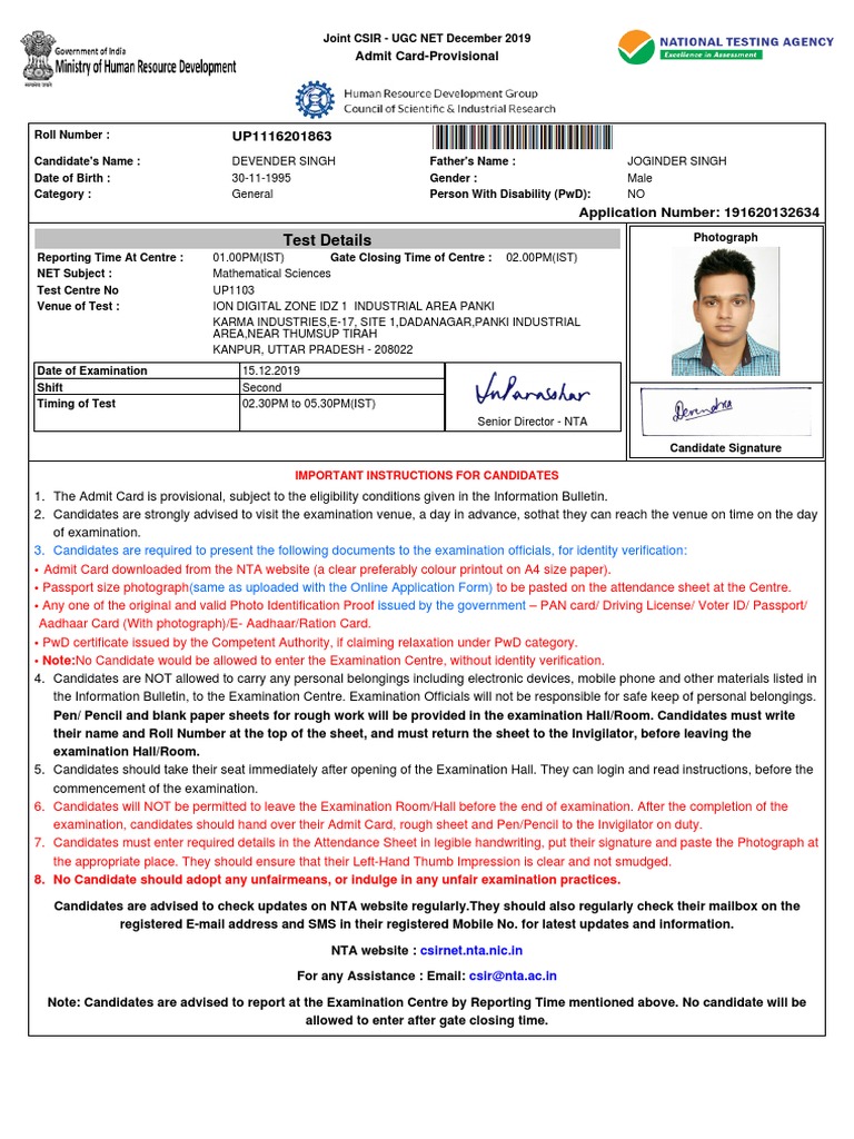 CSIR NET December 2019 Admit Card | PDF | Identity Document ...