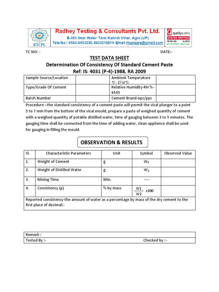 Test Data Sheet Determination of Consistency of Standard Cement Paste ...